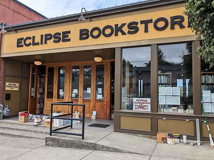 The yellow exterior glows like a lighthouse for book lovers lost in the digital sea of modern life.