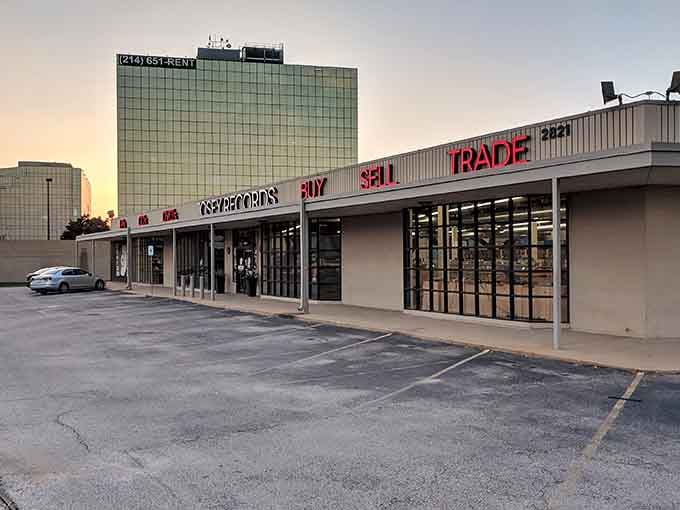Golden hour hits different when you're hunting for records beneath the shadow of a sleek, glass-reflected skyline.