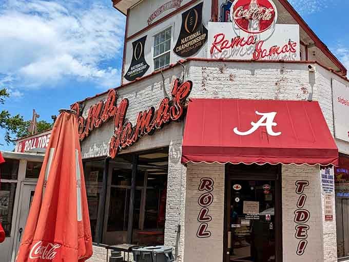 The crimson and white exterior isn't just school spirit, it's a beacon calling hungry fans home to breakfast glory.