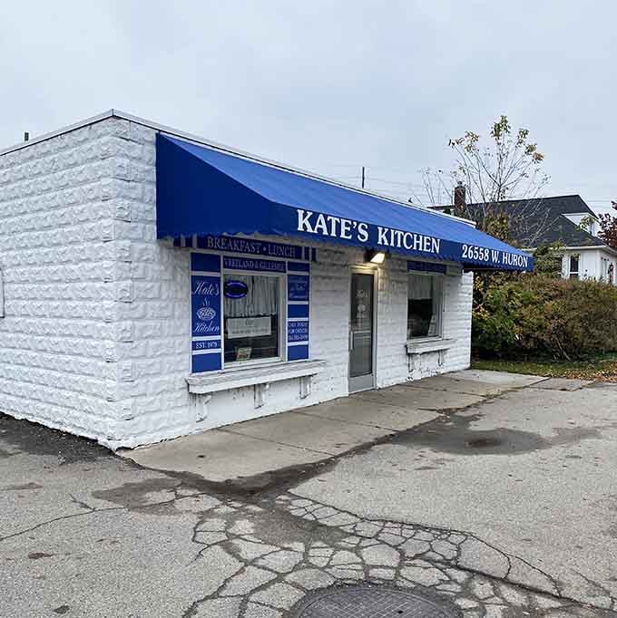That cheerful blue awning on West Huron River Drive is your beacon to breakfast paradise in Flat Rock.