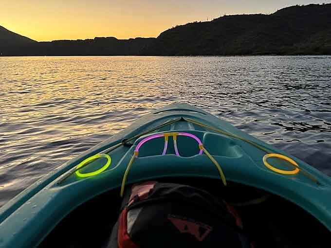 That golden hour glow before the real light show begins on Arizona's most colorful water adventure.