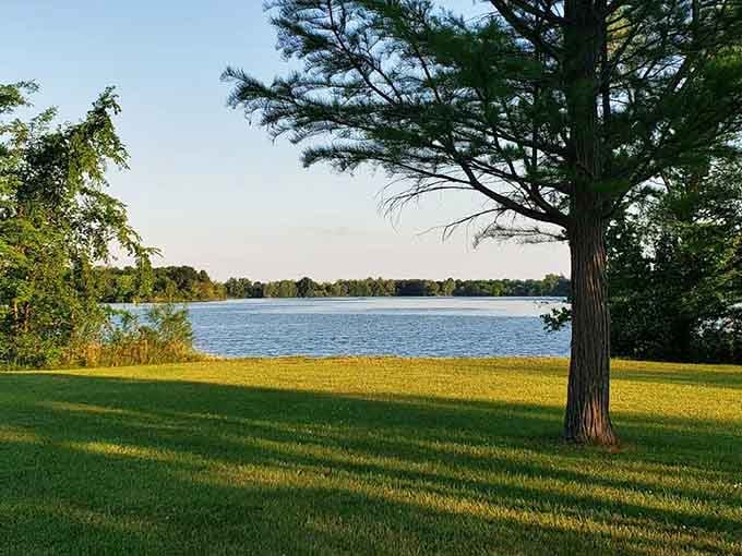 Golden hour transforms this tranquil shoreline into something resembling a Bob Ross painting come to life.