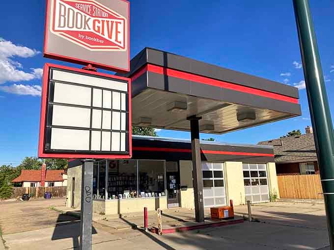 That retro gas station sign now advertises the best kind of fuel: free books for your brain.