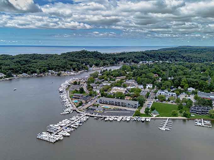This aerial view reveals why people keep Saugatuck's secret poorly, the marina practically winking at you.