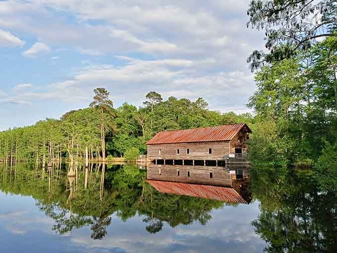When the mill's reflection is this perfect, you'll wonder if you're looking at reality or its better-looking twin from a parallel universe.