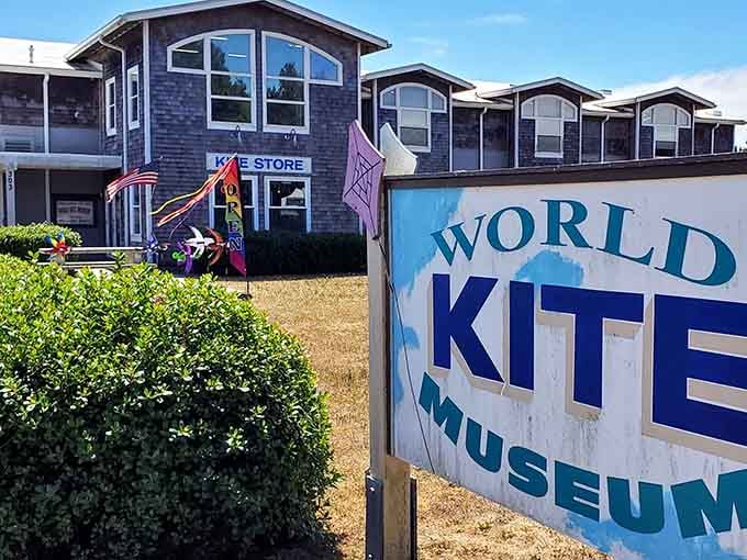 The museum exterior welcomes visitors with kites dancing in the breeze, promising aerial artistry awaits inside.