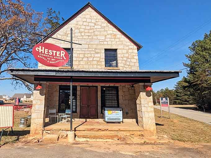 That stone facade and red sign aren't just pretty, they're your personal beacon to baked goods paradise.