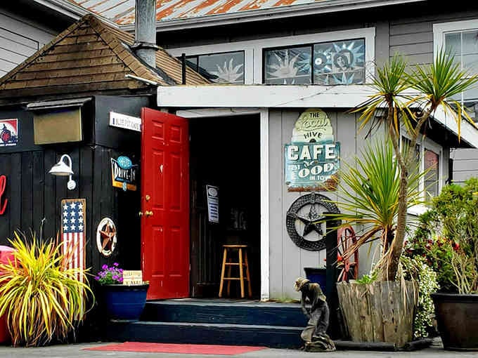 That red door isn't just an entrance; it's a portal to burger bliss in Victorian Ferndale.
