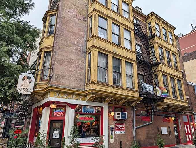 That red and white storefront isn't selling newspapers; it's your ticket to ice cream paradise in historic Philadelphia.