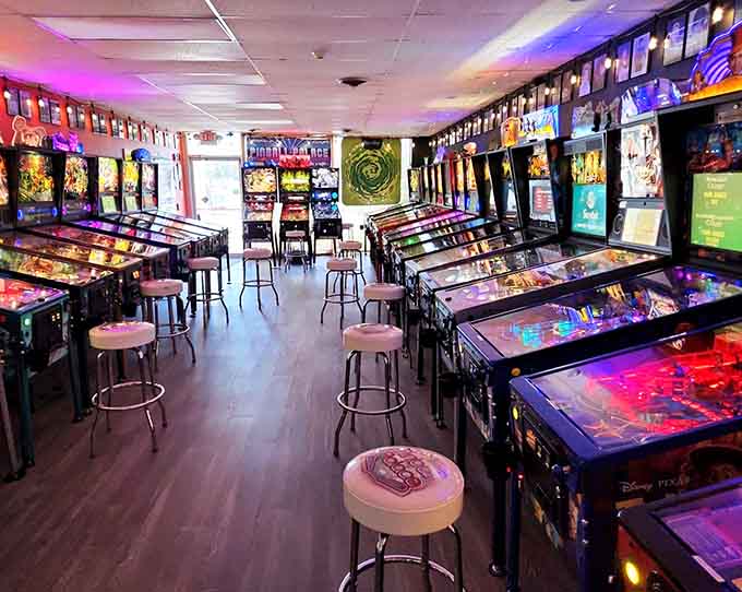 Rows of gleaming pinball machines stand ready like soldiers in the world's most entertaining army.