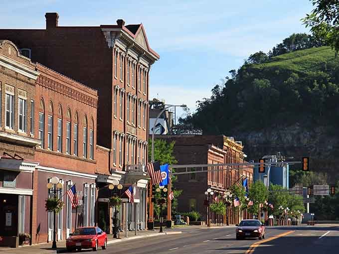 That bluff rising behind downtown isn't just scenery, it's nature's way of showing off for the river below.