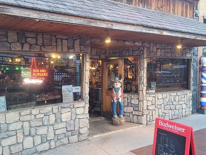 When a building looks this authentically Western in broad daylight, you know dinner's going to be memorable.
