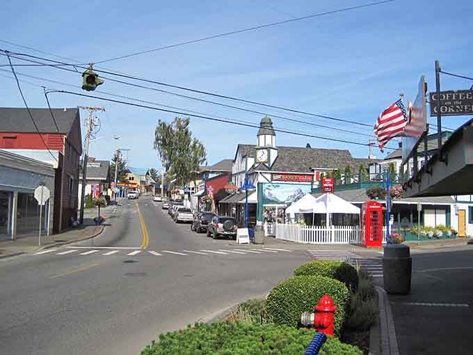 That red British phone booth on a Norwegian-themed street is the kind of delightful cultural confusion we love.