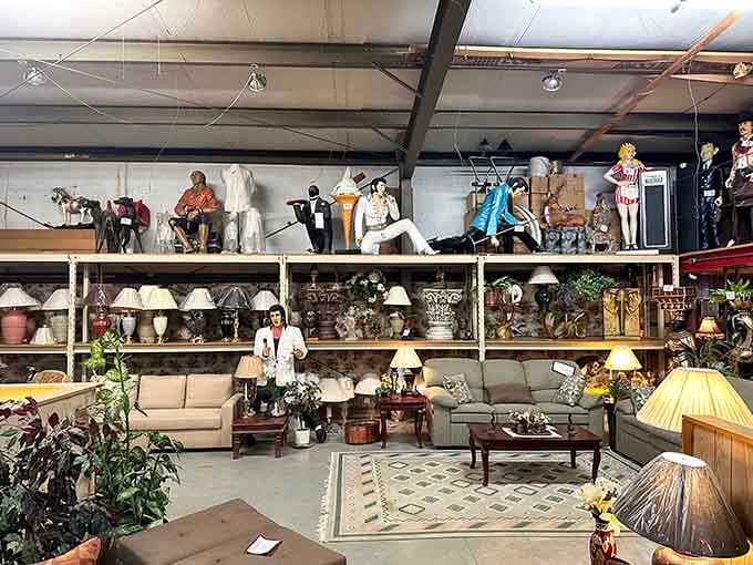 Where mannequins in vintage outfits watch over furniture like the world's most stylish security team.