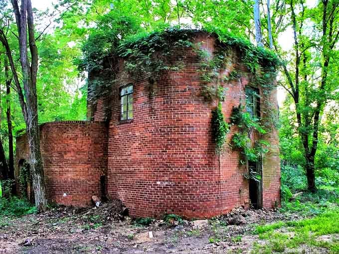 Nature's winning the battle for this brick structure, wrapping it in vines like a slow-motion green hug nobody asked for.