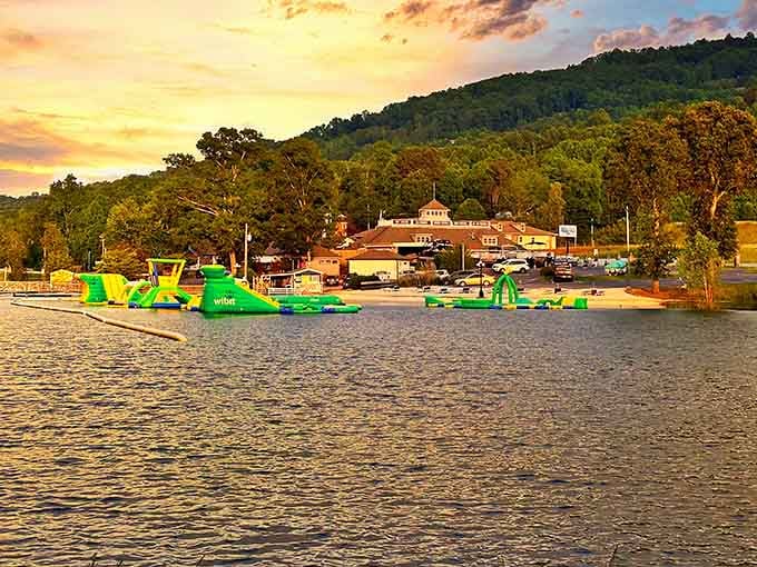 Golden hour at Lake Chatuge transforms this floating playground into something straight out of a vacation dream.
