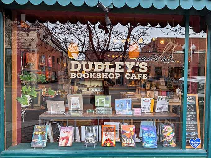 That charming storefront window display promises literary adventures and caffeinated delights in equal measure.