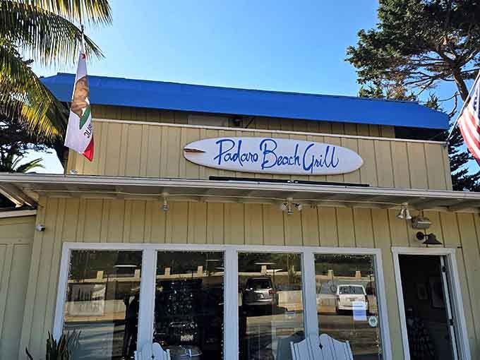 That blue roof and surfboard sign are your beacon to taco paradise on the PCH.