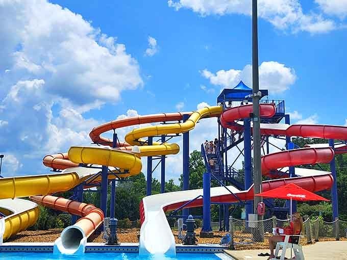 Those twisting tubes of joy reach skyward like a rainbow spaghetti sculpture designed by someone wonderfully unhinged.