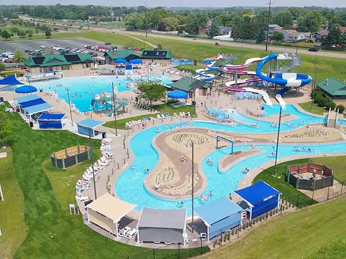 An aerial view reveals this aquatic wonderland sprawling across Apple Valley like summer's greatest gift to families.