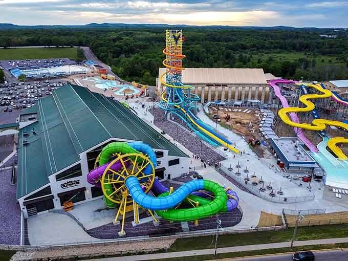 The aerial view reveals a waterpark wonderland that makes you forget Wisconsin winters even exist.