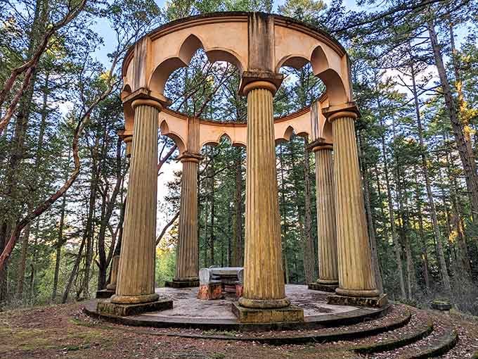 Classical columns rising through Pacific Northwest forest? Now that's what we call architectural confidence with a view.