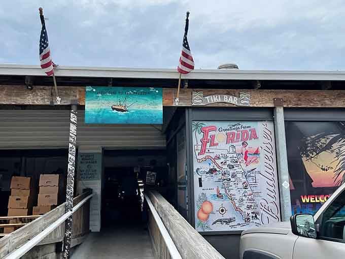 That vintage Florida map and tiki bar sign aren't just decoration, they're a promise of authentic waterfront paradise ahead.