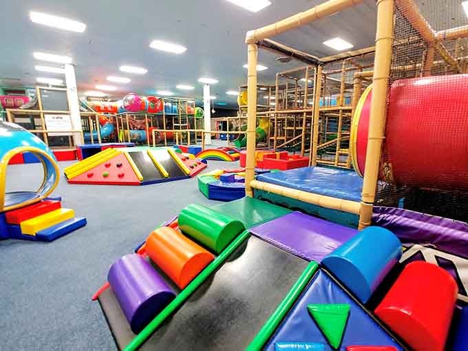 Rainbow-colored foam shapes create an obstacle course that would make parkour enthusiasts jealous, minus the broken bones.