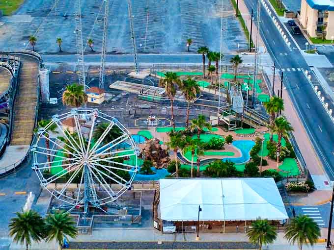 From above, this beachside wonderland looks like someone decided to sprinkle pure joy across South Padre Island.