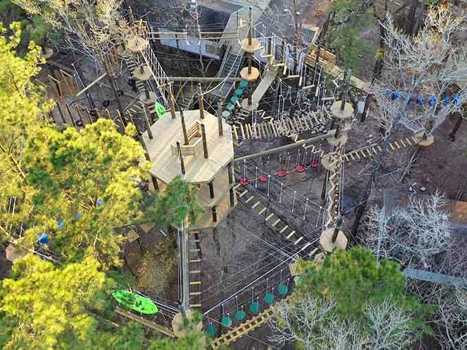 From above, this aerial playground looks like something M.C. Escher would design after watching too many adventure movies.