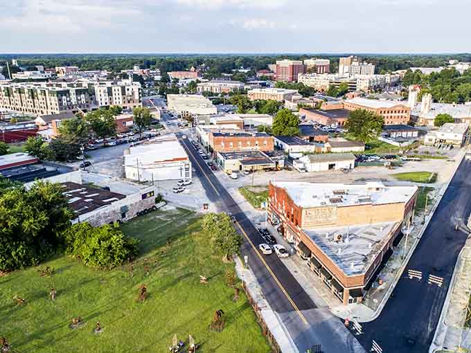 The aerial view reveals a downtown that's walkable, livable, and refreshingly free of soul-crushing traffic jams.