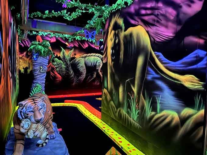 Step into a fluorescent jungle where prehistoric creatures glow and your golf game becomes secondary to the spectacle.