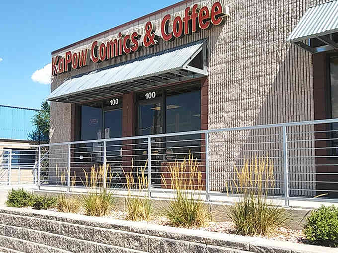That bold red signage isn't just announcing a comic shop&mdash;it's declaring a revolution in caffeine delivery systems.