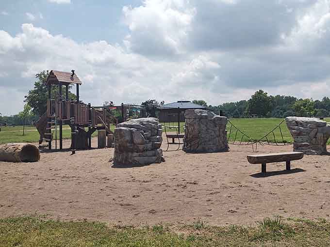 The playground equipment invites young explorers to burn energy before naptime, giving parents a fighting chance at peace.