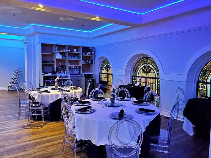 Stained glass windows meet modern elegance, creating an atmosphere where every meal feels like you're celebrating something important and wonderful.