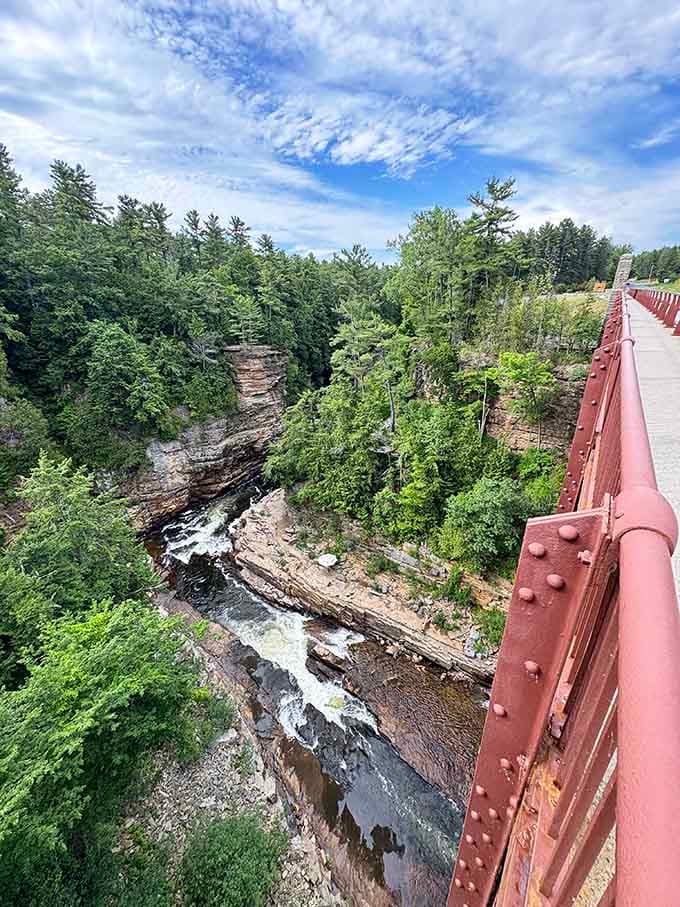 Looking down from the red bridge at nature's handiwork, where perspective shifts and daily worries shrink appropriately to size.