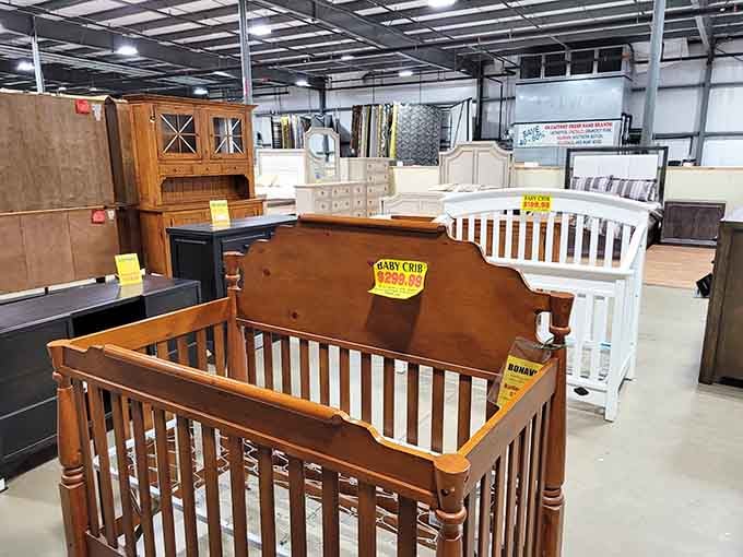 Baby cribs in various finishes prove that preparing for parenthood doesn't require taking out a second mortgage on your home.