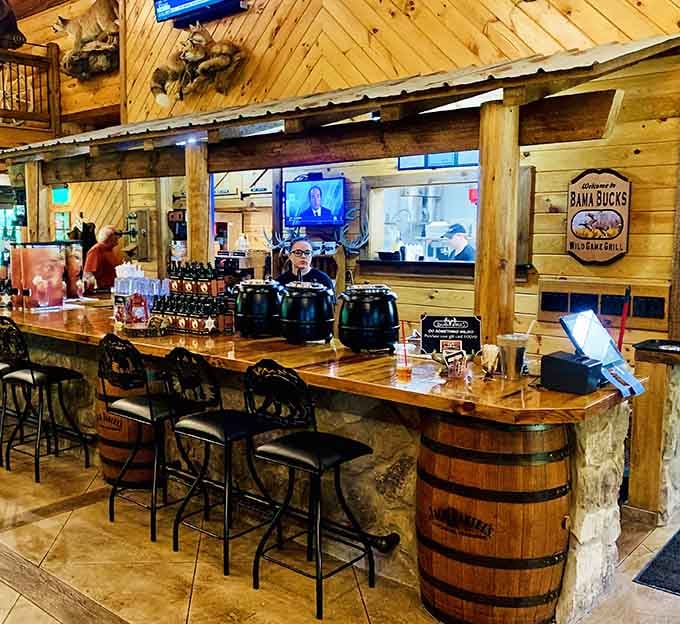 The bar area features rustic charm with modern conveniences, perfect for unwinding after your wildlife walkabout adventure.