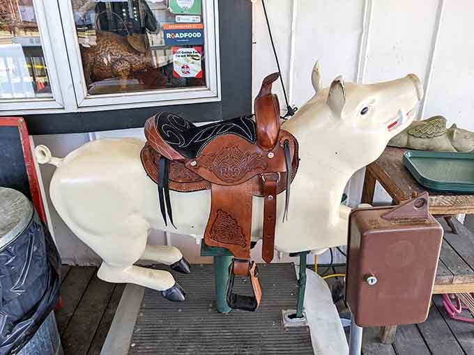 That saddle-wearing pig statue outside has seen more happy customers than most restaurant hosts ever will.