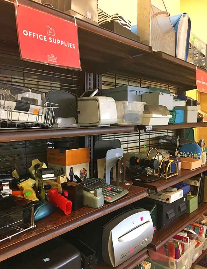 Office supplies organized and ready prove that even your workspace deserves a secondhand shopping spree.