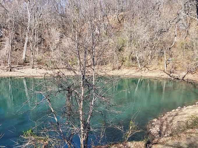 The pond shifts from green to blue depending on the season, like nature's own mood ring.