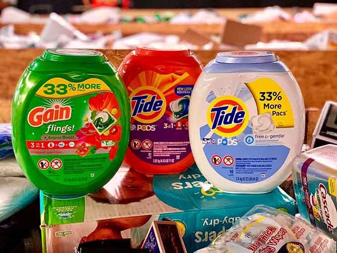 Name-brand detergent pods at bin store prices mean your laundry can smell expensive without the expensive part.