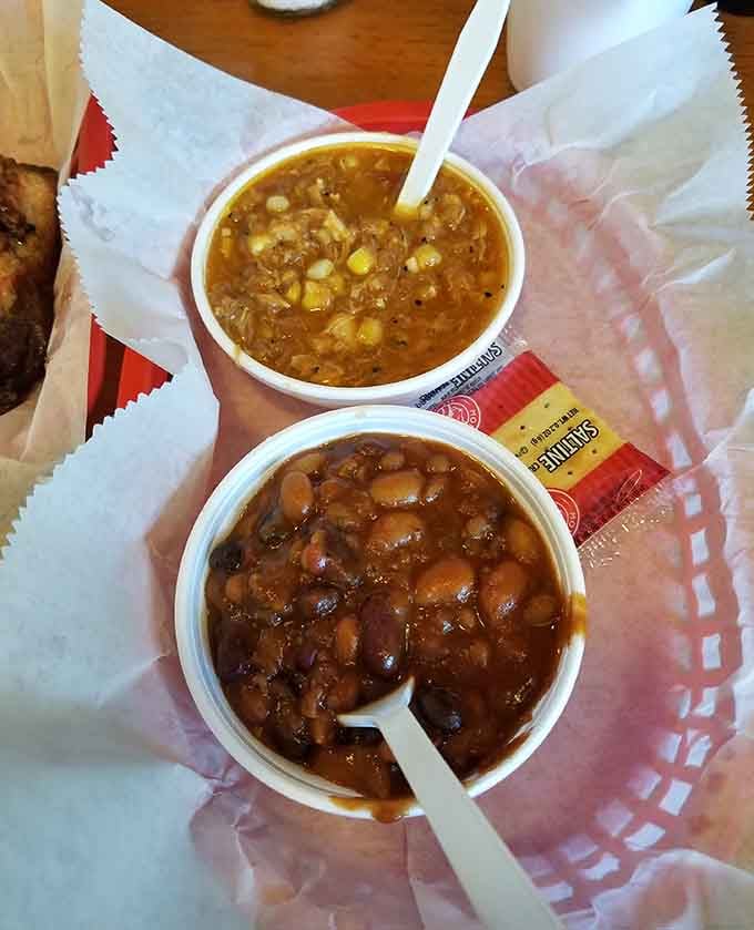 Brunswick stew and baked beans in their cups, ready to play supporting roles to the meat stars.