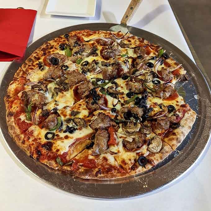 A pizza this loaded with toppings shows that Bobbers doesn't believe in holding back on anything.