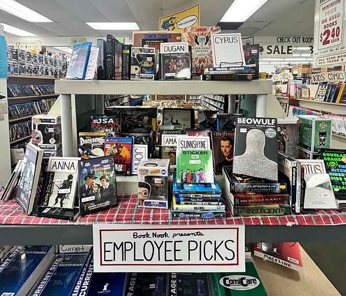 Employee picks showcase the staff's eclectic taste, from Beowulf to modern hits, proving these folks actually read.