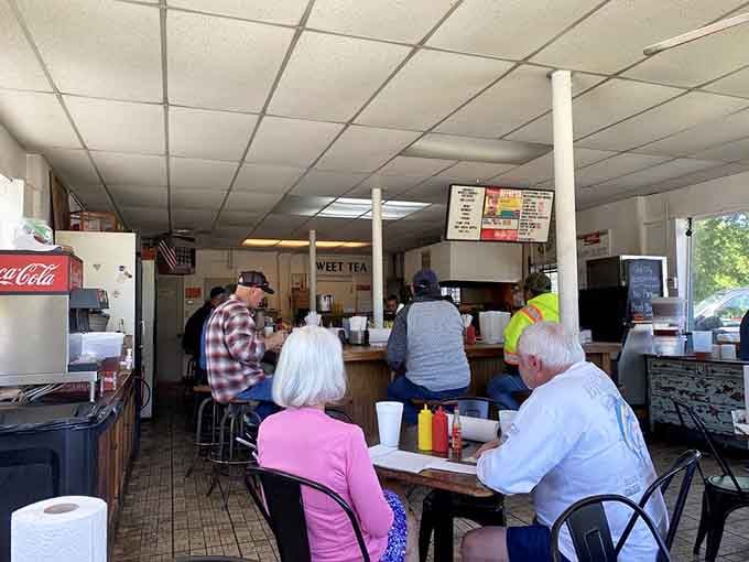 Locals gathering for lunch like it's a daily ritual, which it probably is for many.
