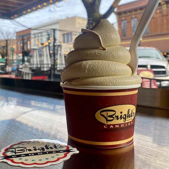 Soft-serve ice cream swirled high enough to require engineering skills and a serious commitment to finishing what you started.