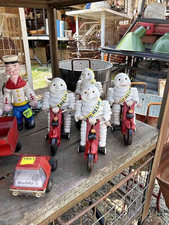 Michelin Man figurines on motorcycles represent the kind of quirky advertising collectibles that make zero sense but total sense.