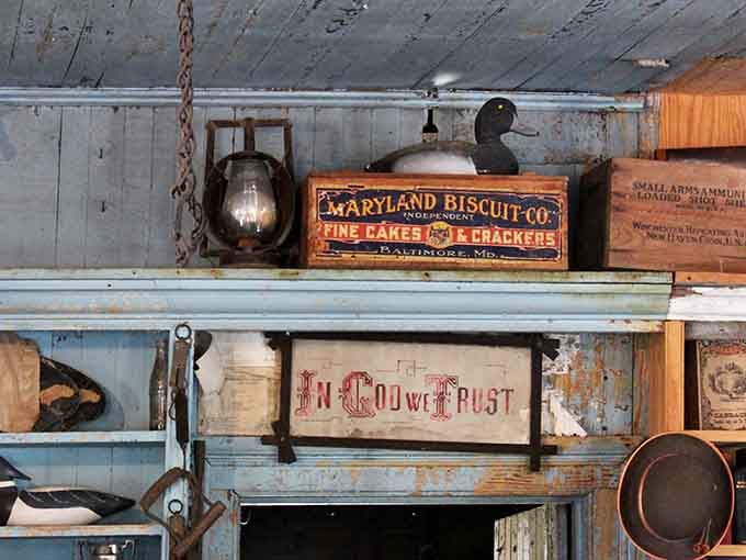 The shelves overflow with period-appropriate goods that would've been essential to 19th-century Eastern Shore life.