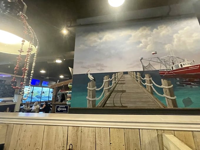 This dock-and-boat mural sets the scene, making you wonder if you should've brought your fishing pole.